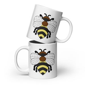 White Glossy Mug, Black and Yellow Bee, Cute Bee, Wing and Petal Studio ...