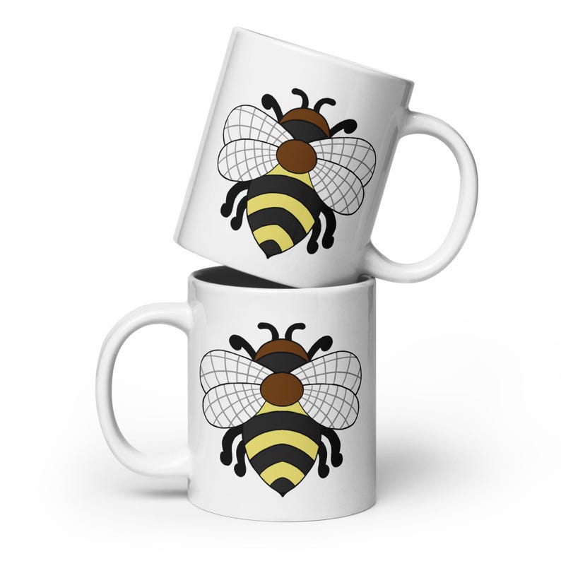 White Glossy Mug, Black and Yellow Bee, Cute Bee, Wing and Petal Studio ...