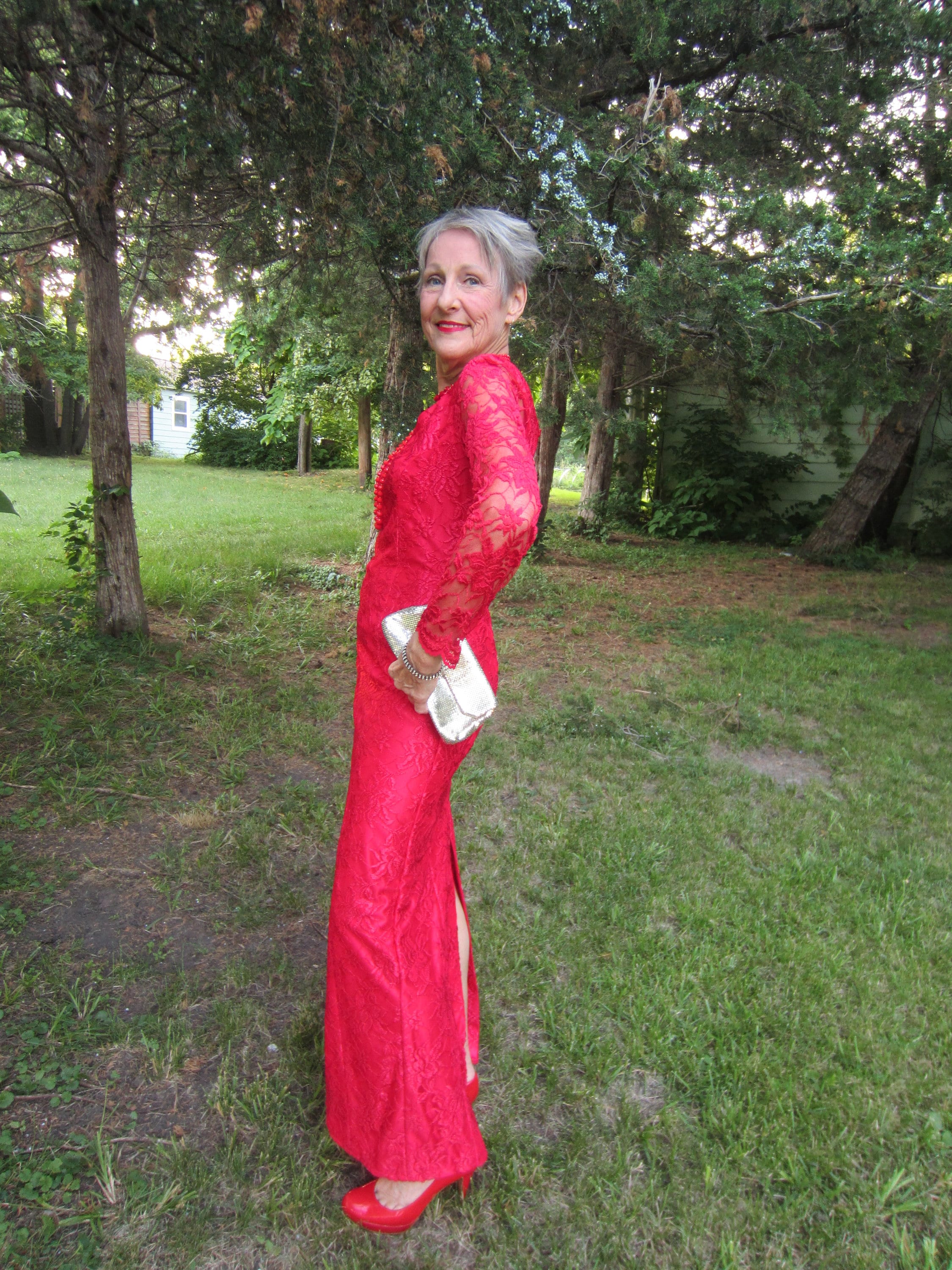 Red Lace Gown, Floor Length, Fully Lined, Open Lace Long Sleeve, 24 ...