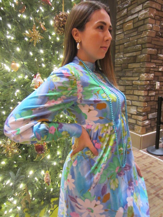 1960's Maxi Dress, Handmade, Long Six Inch Cuffs, Pea… - Gem