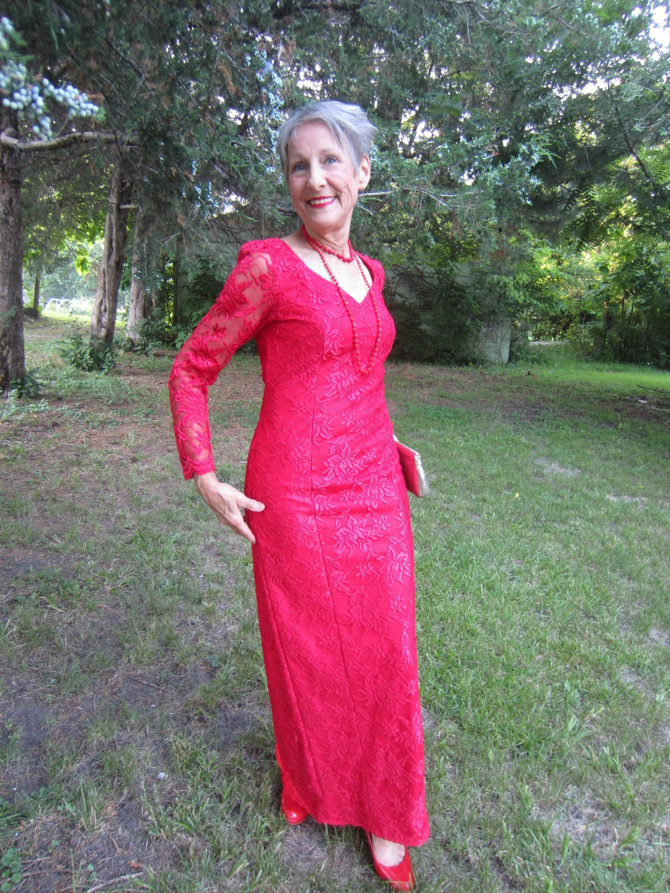 Red Lace Gown, Floor Length, Fully Lined, Open Lace Long Sleeve, 24 ...