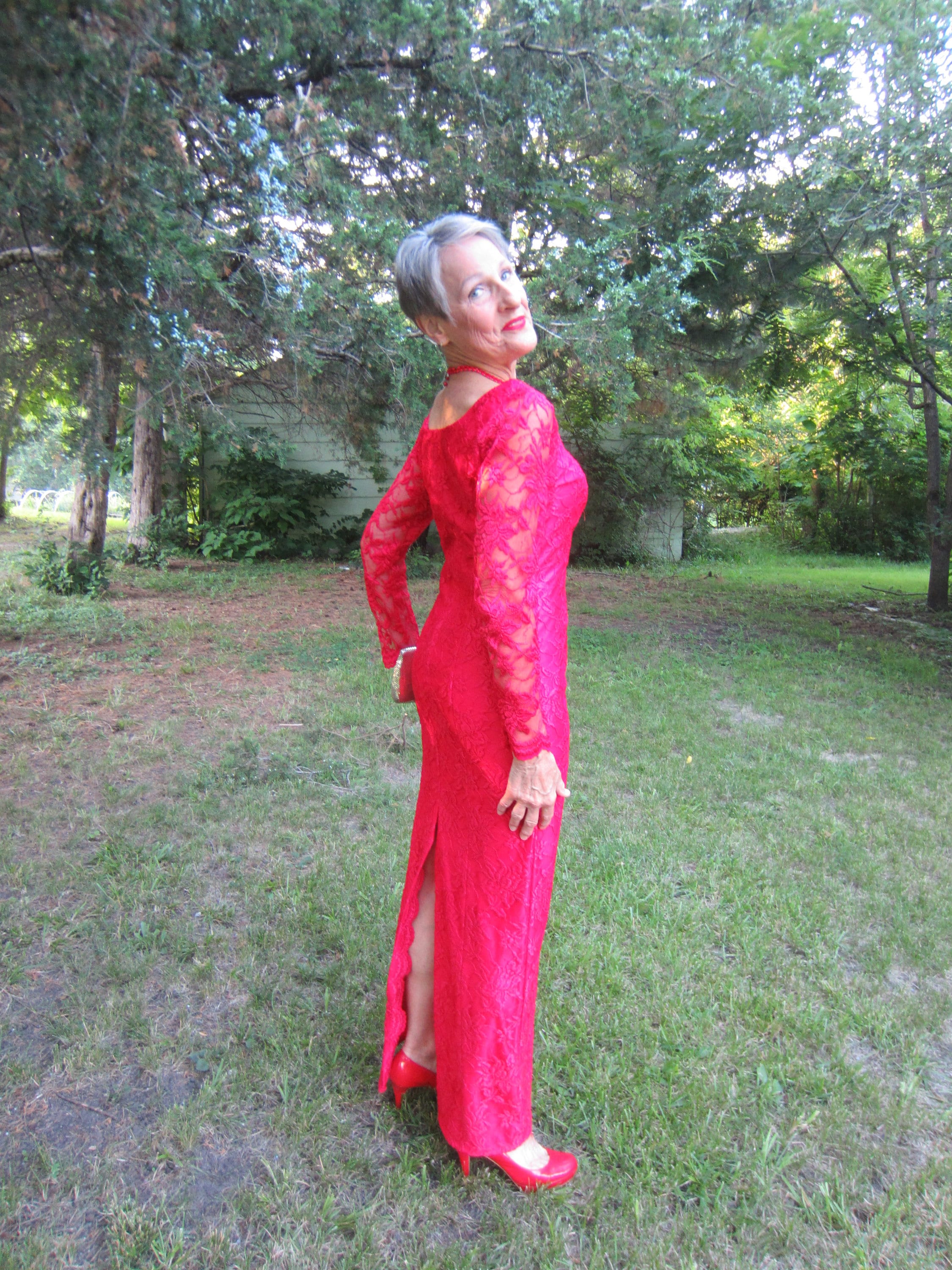Red Lace Gown, Floor Length, Fully Lined, Open Lace Long Sleeve, 24 ...