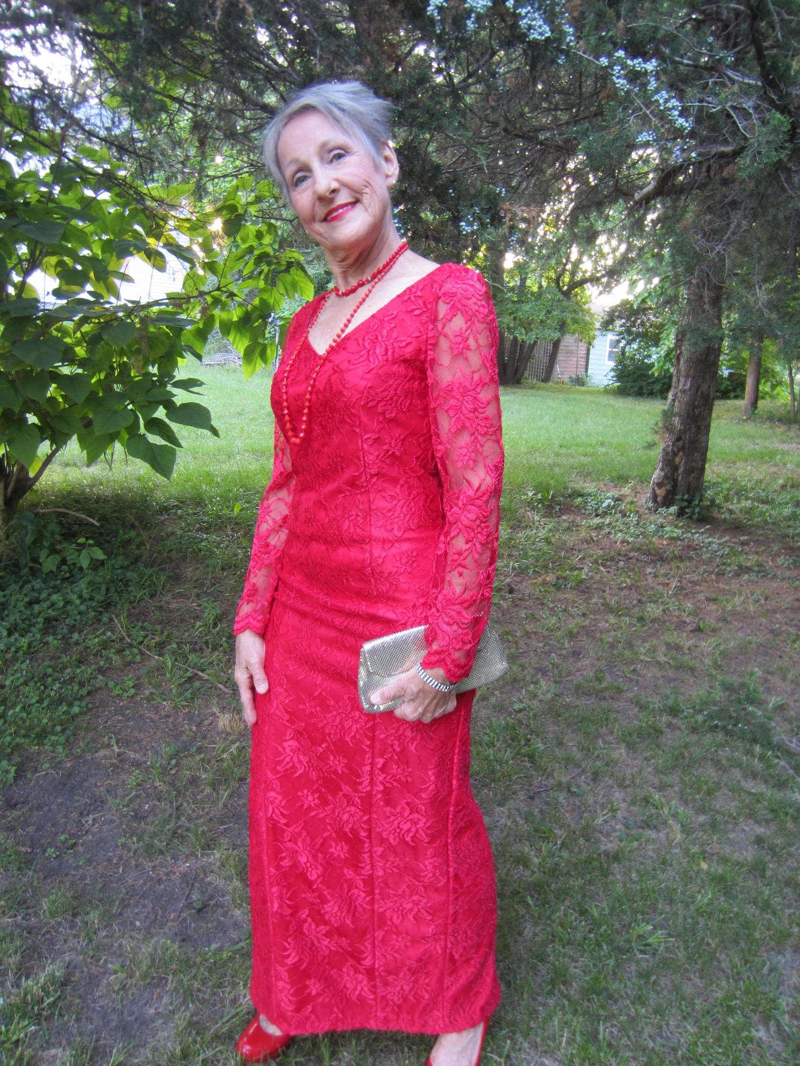 Red Lace Gown, Floor Length, Fully Lined, Open Lace Long Sleeve, 24 ...