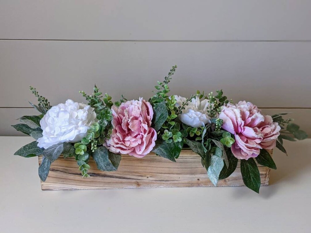 Large Farmhouse Wood Flower Box Frosted White and Pink Peonies ...