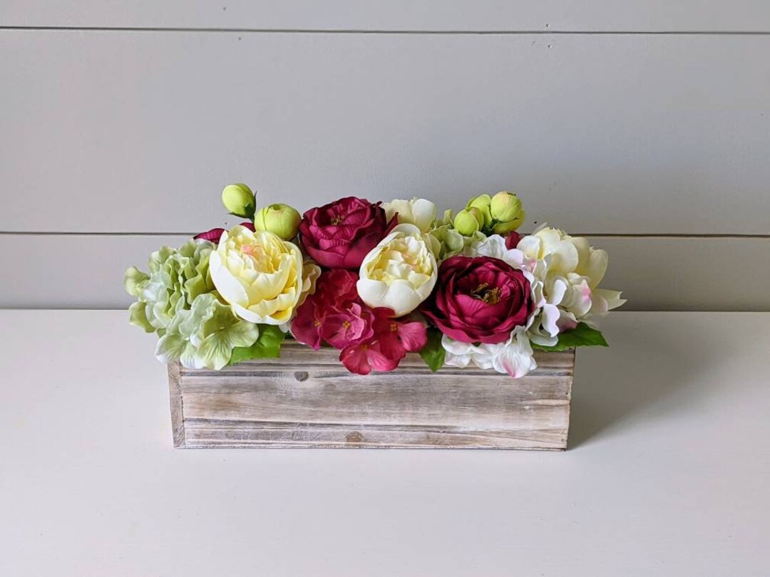 Distressed Wood Flower Box W/ Bright Spring Flowers Floral Centerpiece ...