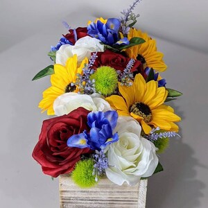 Distressed Wood Box Spring Floral Arrangement With Sunflowers and Roses ...