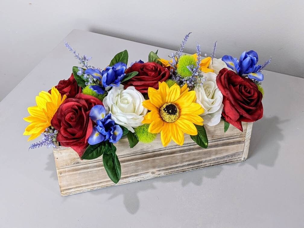 Distressed Wood Box Spring Floral Arrangement With Sunflowers and Roses ...