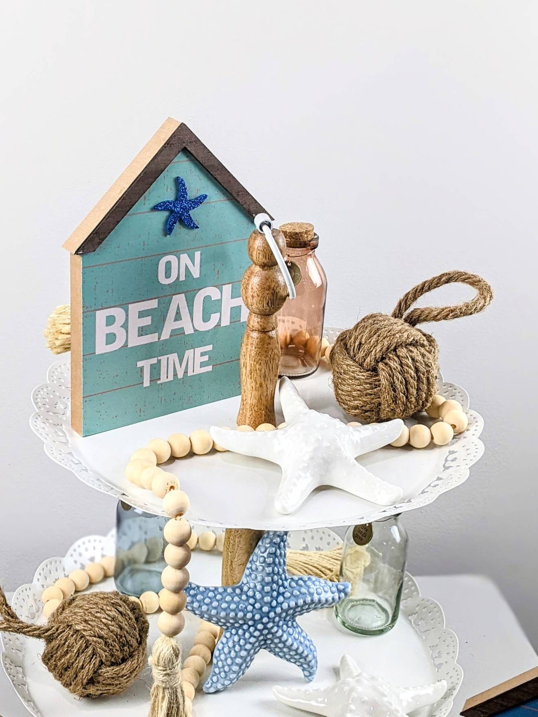 Beach Themed Tiered Tray Decor Nautical Coastal Wooden Beads Beach Wood ...