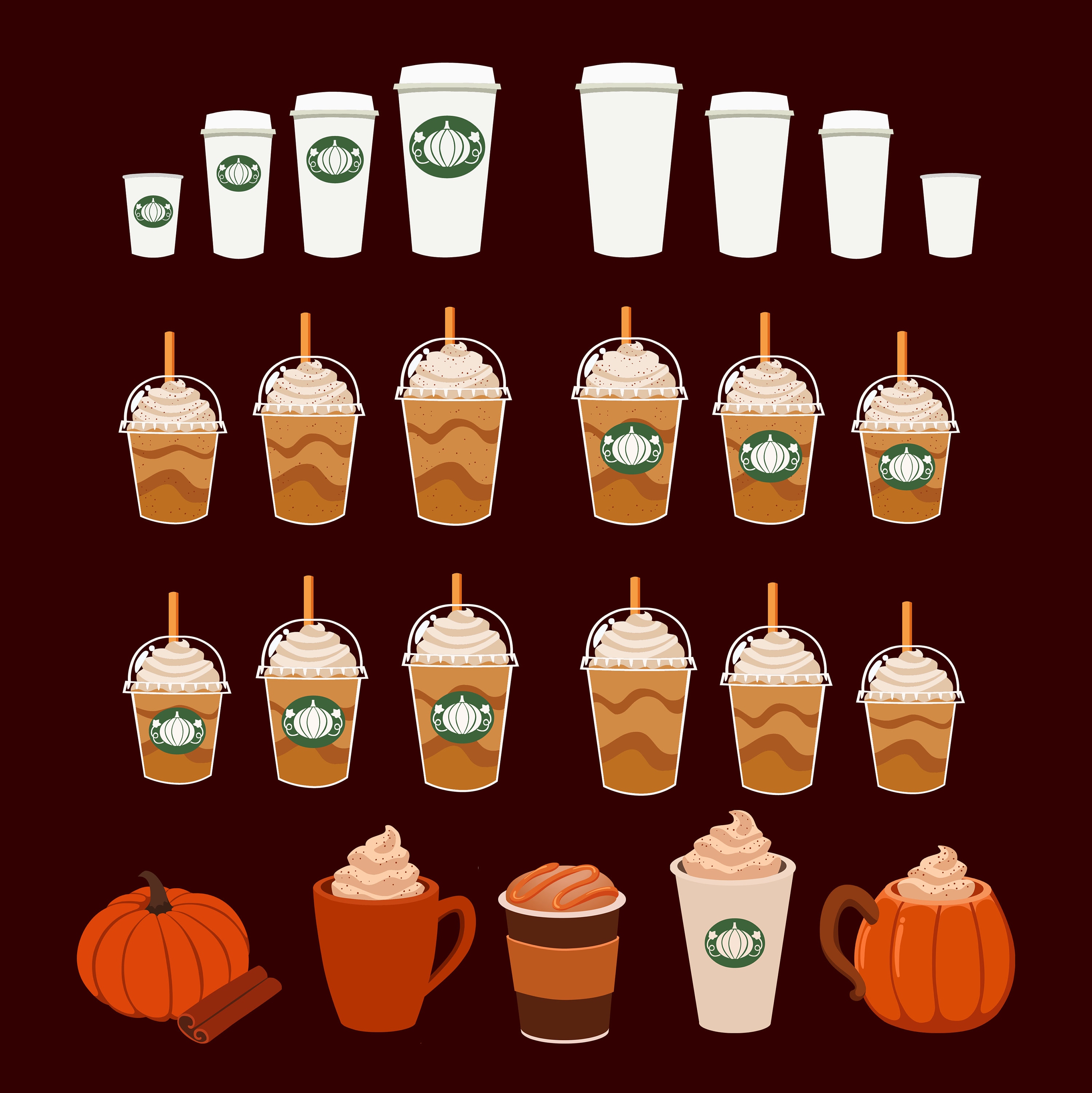 PSL Pumpkin Spice Latte Clipart Pack - Iced Coffee Hot Coffee Pumpkin ...