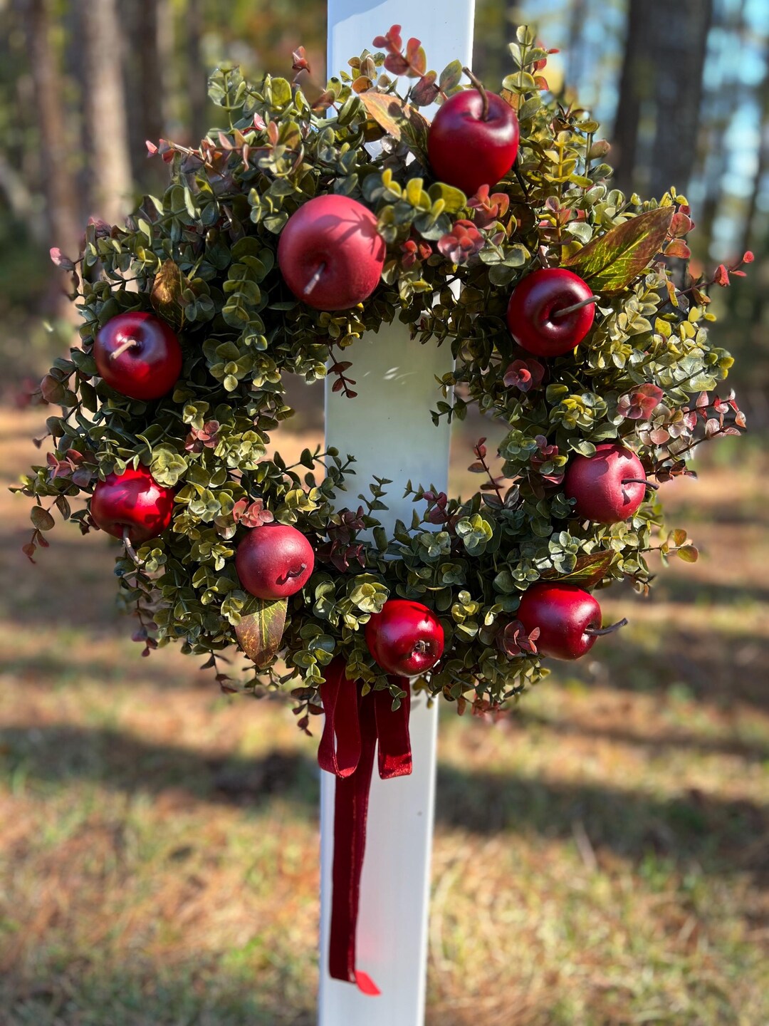 Fall Burgundy Atificial Apple Wreath With Eucalyptus & Red Apples ...