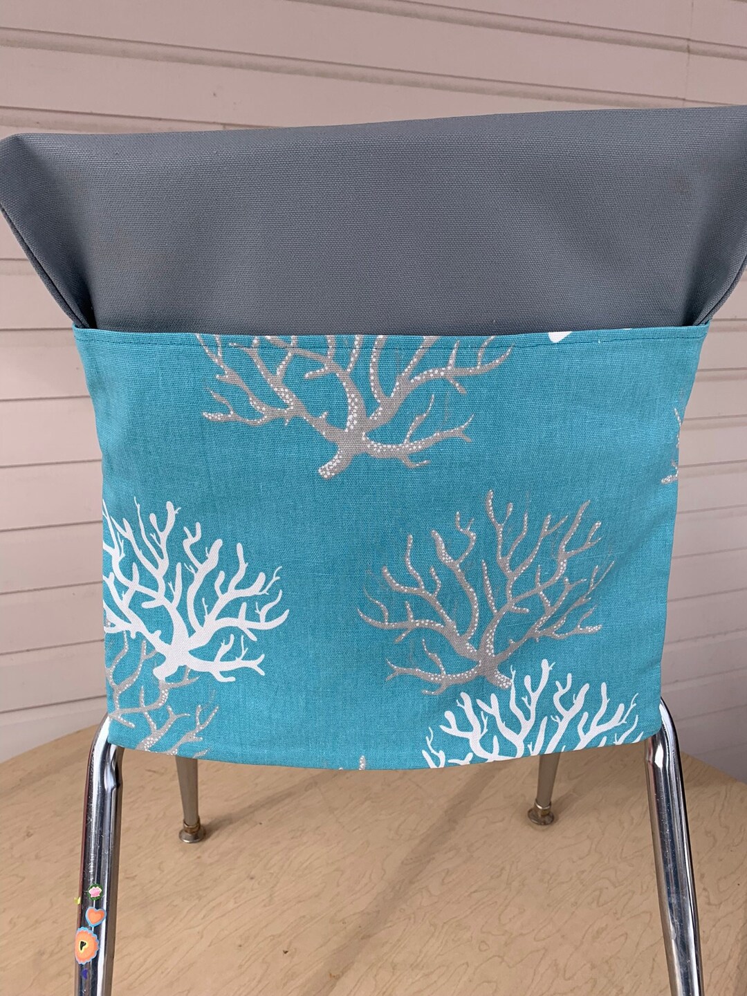Set of 21 Blue Coral Reef Chair Pockets on Solid Gray Cotton Duck ...