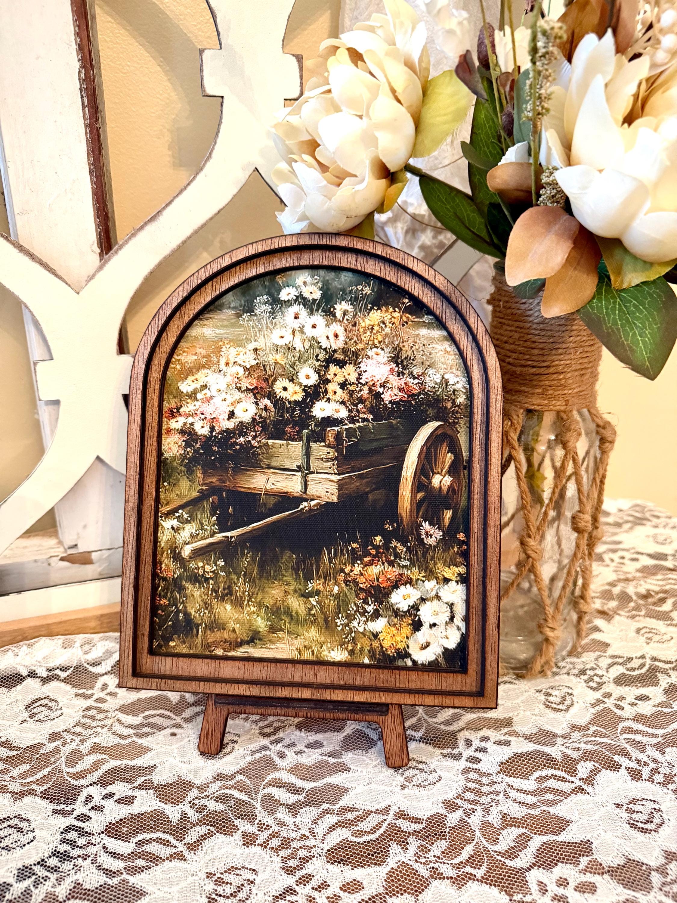 Spring Shelf Sitter Decor Arch Framed Wood Canvas Art, Floral Farmhouse ...