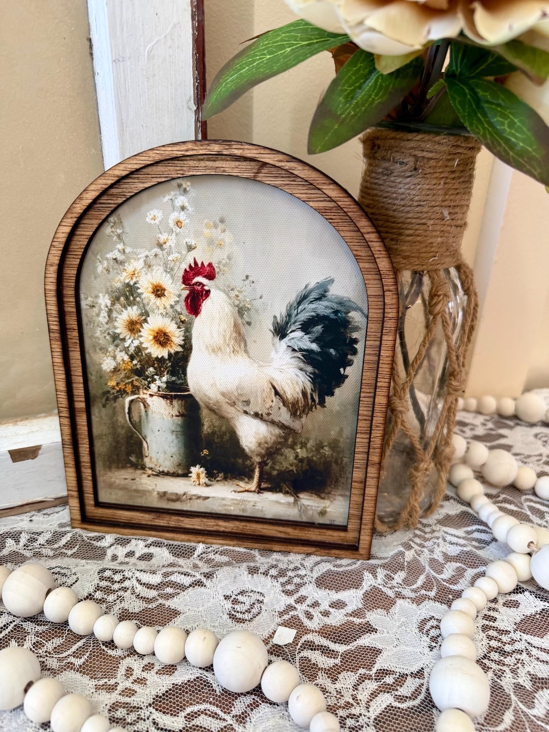 Farmhouse Rooster Arch Sign, Wood Framed Canvas Art, Rustic Kitchen ...