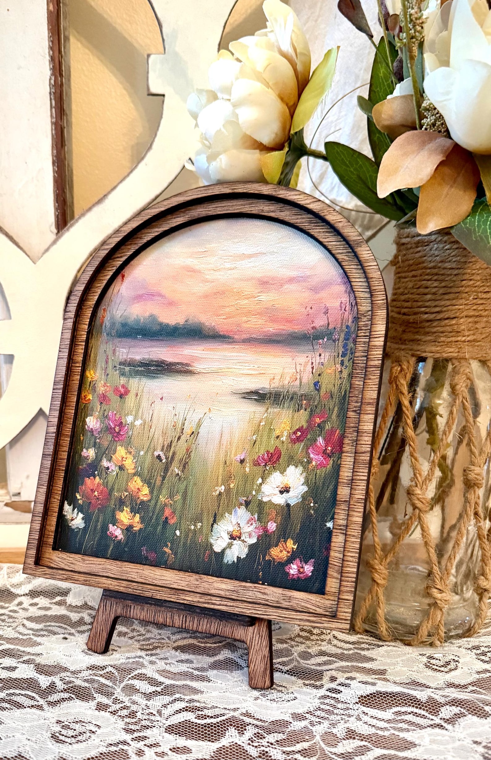 Arched Wood Framed Canvas Art, Wildflower Landscape Sunset Painting ...
