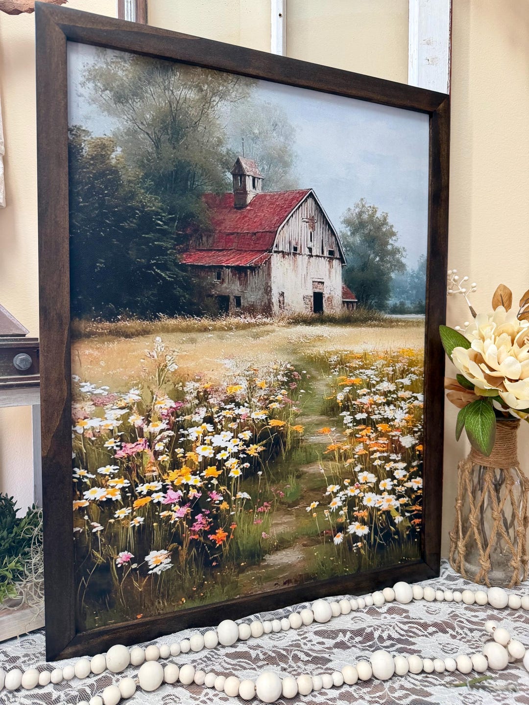 Rustic Barn Canvas Wall Art • Farmhouse Flower Field Print • Vintage ...