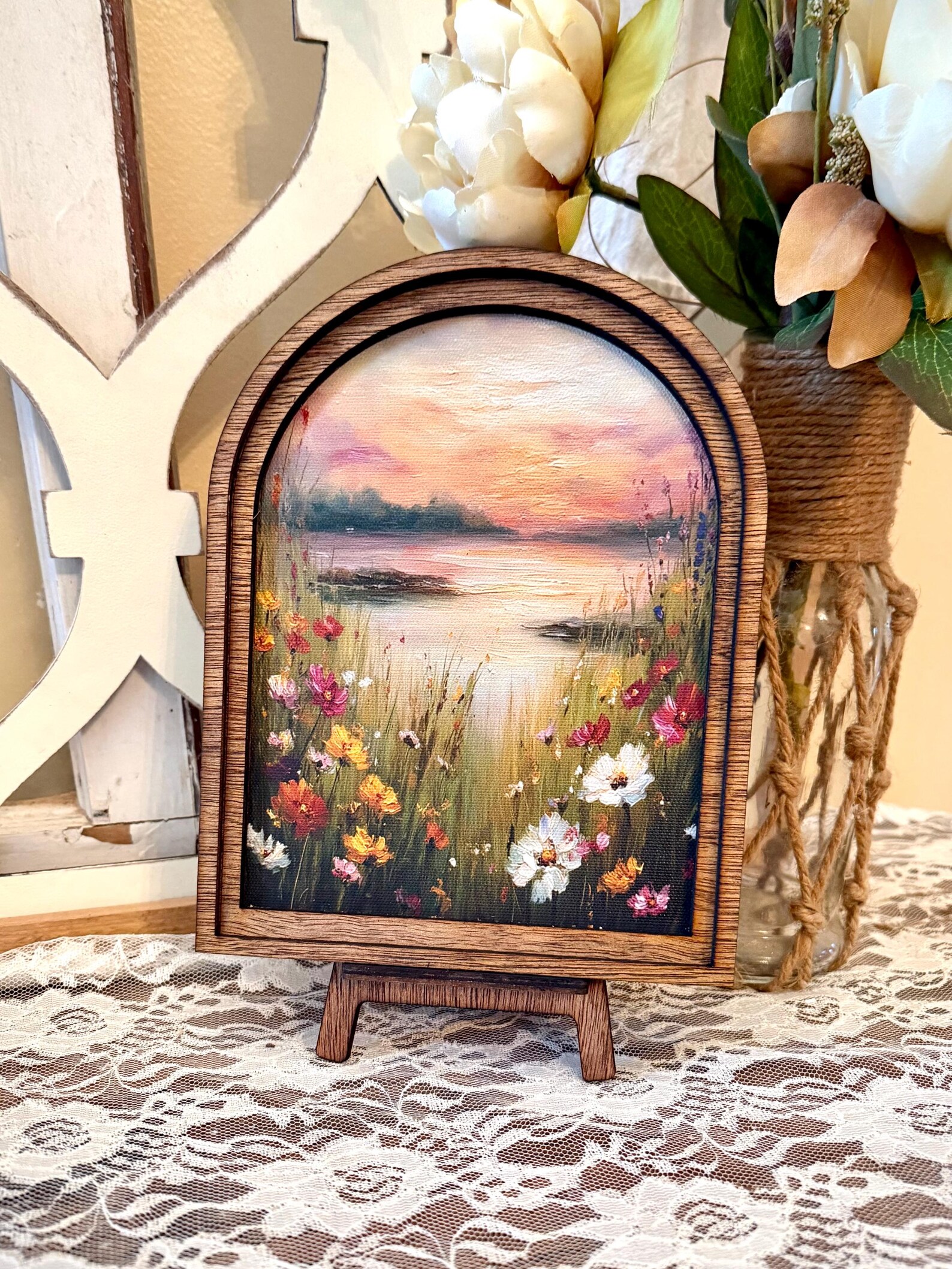 Arched Wood Framed Canvas Art, Wildflower Landscape Sunset Painting ...