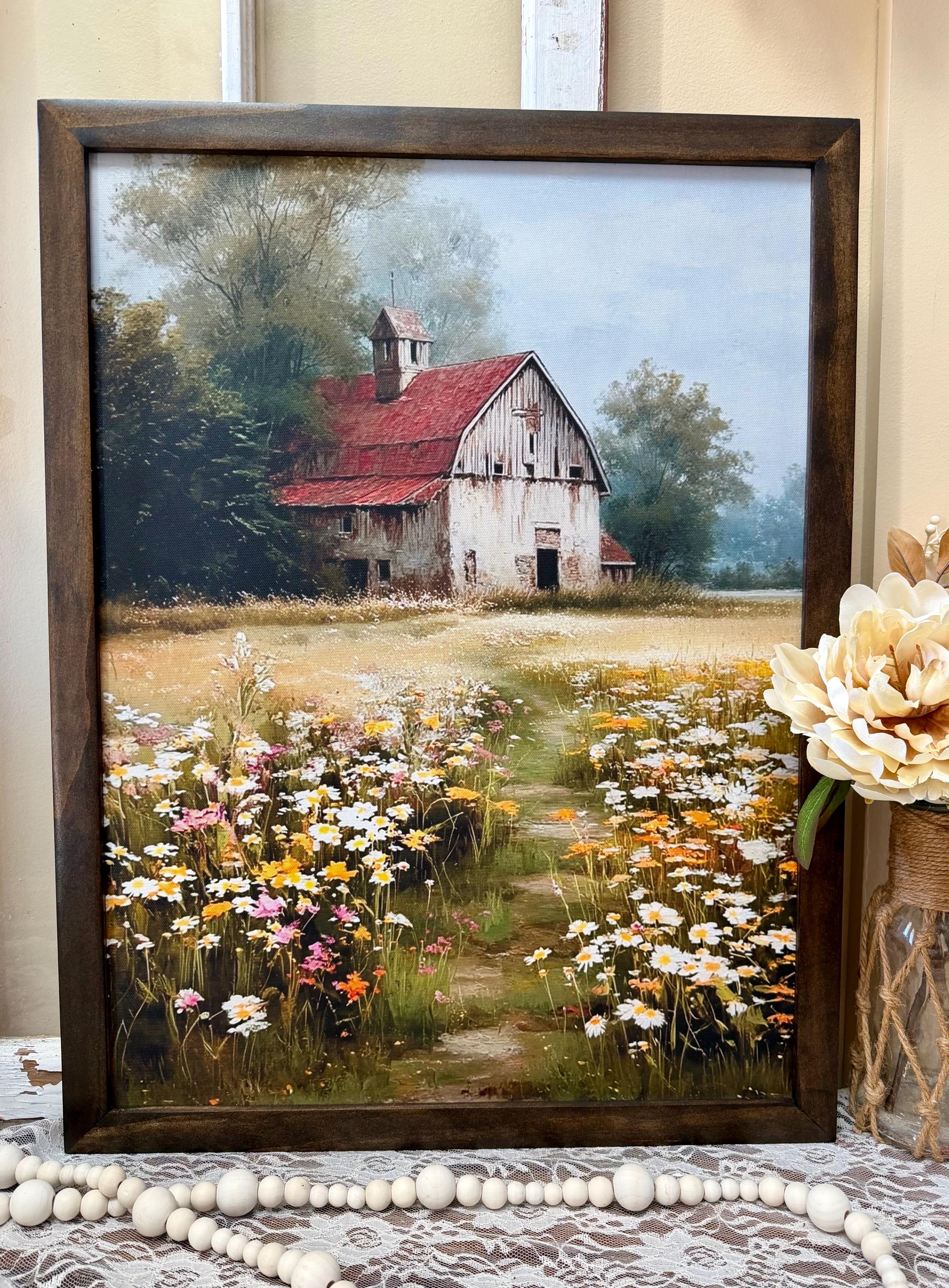Rustic Barn Canvas Wall Art • Farmhouse Flower Field Print • Vintage ...