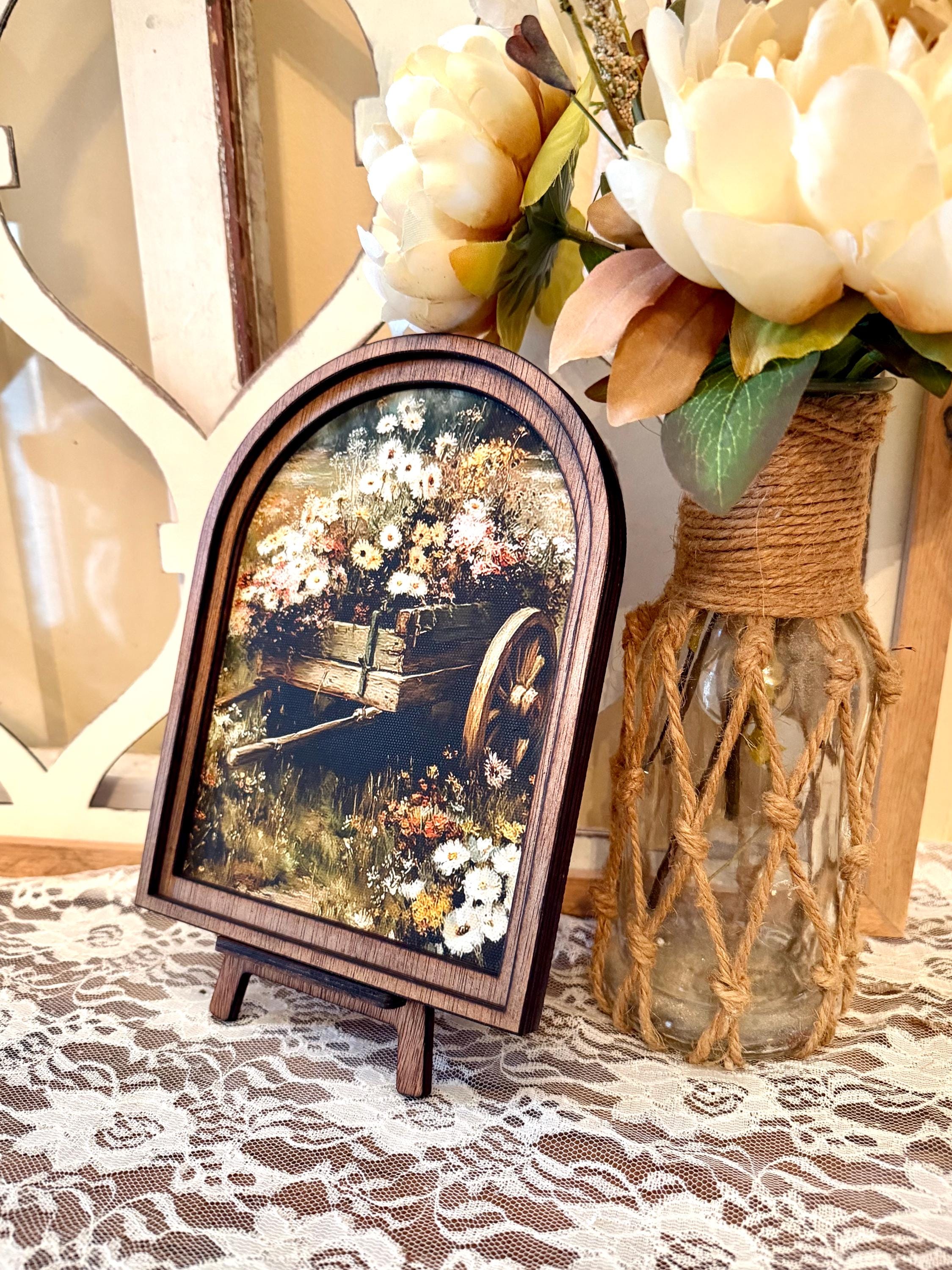 Spring Shelf Sitter Decor Arch Framed Wood Canvas Art, Floral Farmhouse ...