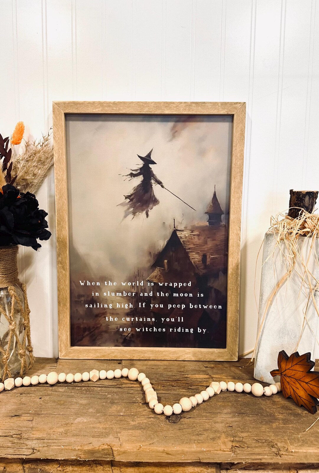 Vintage Flying Witch Wood Framed Canvas Sign Cute Halloween Entryway ...