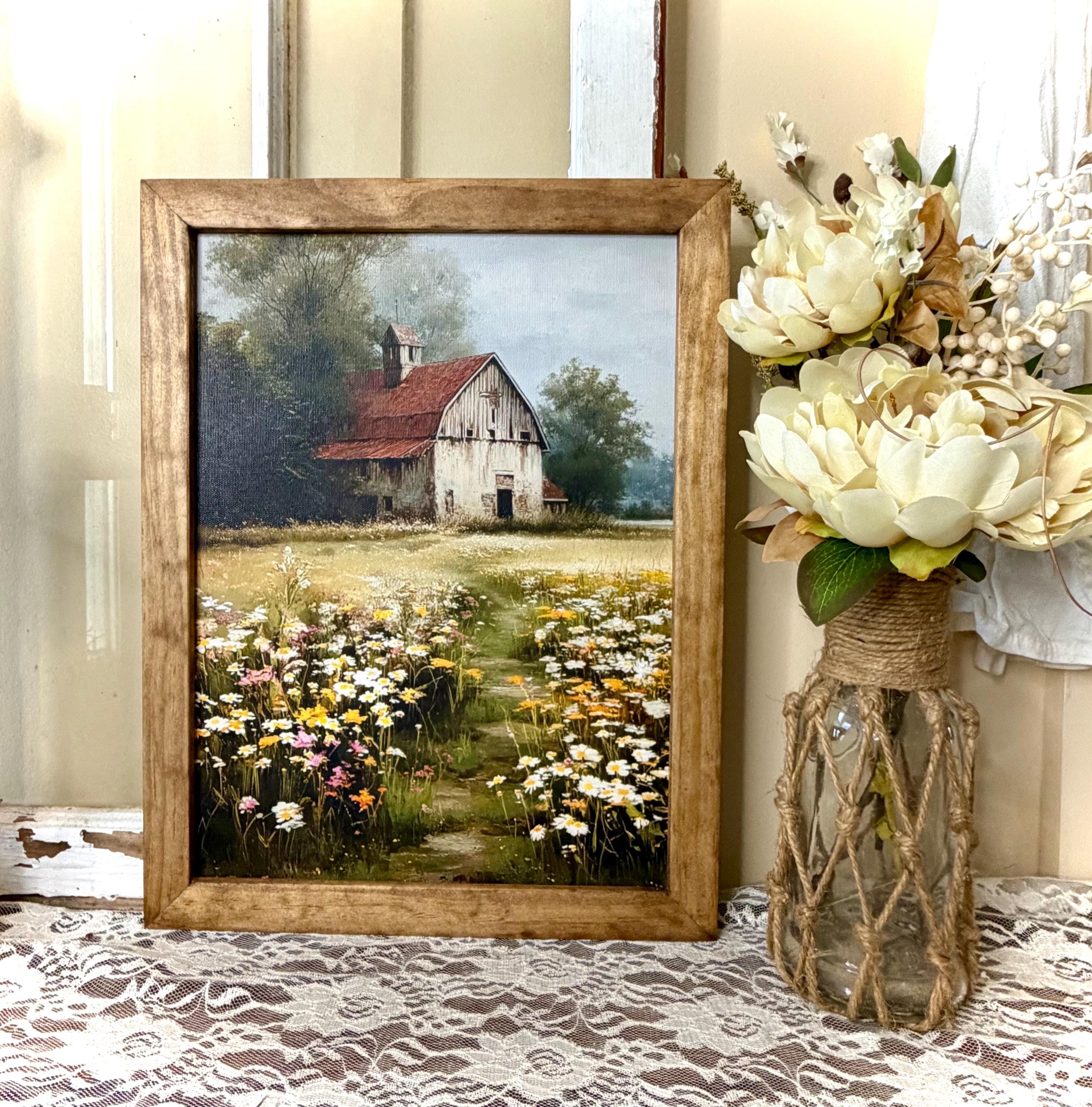 Rustic Barn Canvas Wall Art • Farmhouse Flower Field Print • Vintage ...