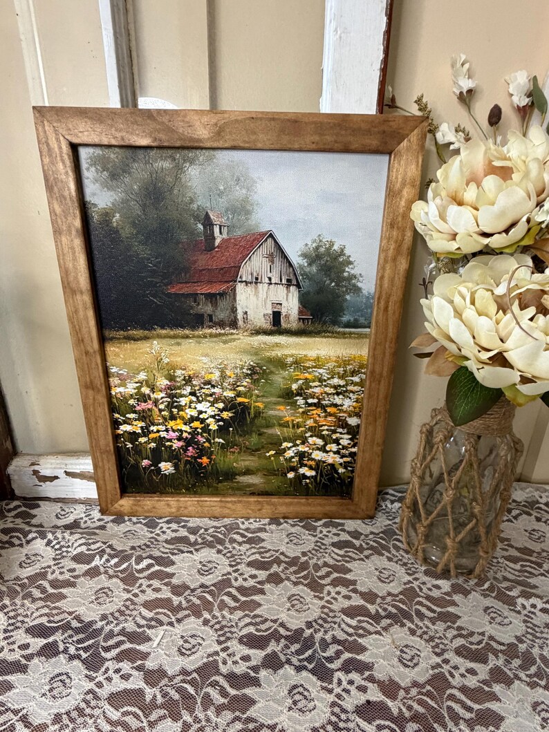 Rustic Barn Canvas Wall Art • Farmhouse Flower Field Print • Vintage ...