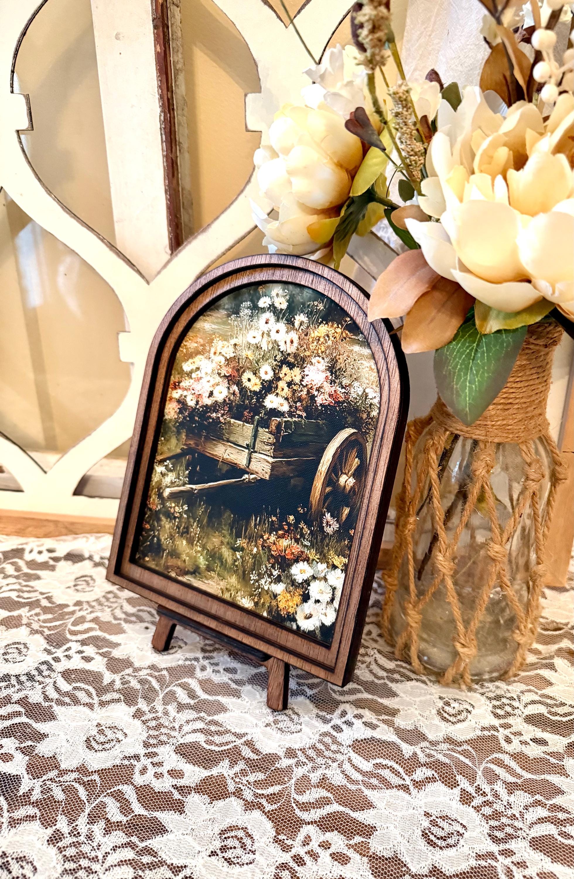 Spring Shelf Sitter Decor Arch Framed Wood Canvas Art, Floral Farmhouse ...