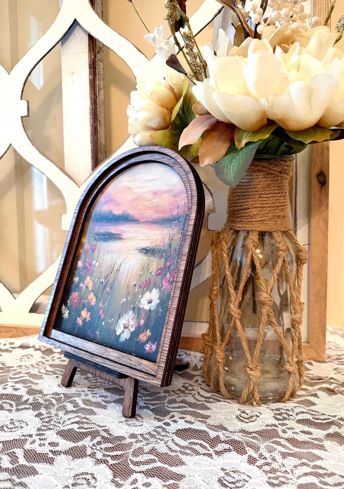 Arched Wood Framed Canvas Art, Wildflower Landscape Sunset Painting ...