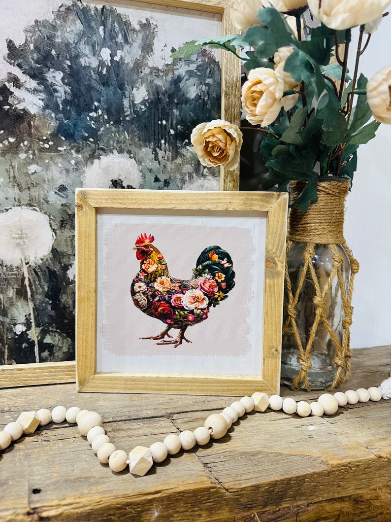 Cute Chicken Lovers Kitchen Decor, Floral Hen Wood Framed Sign, Pink ...
