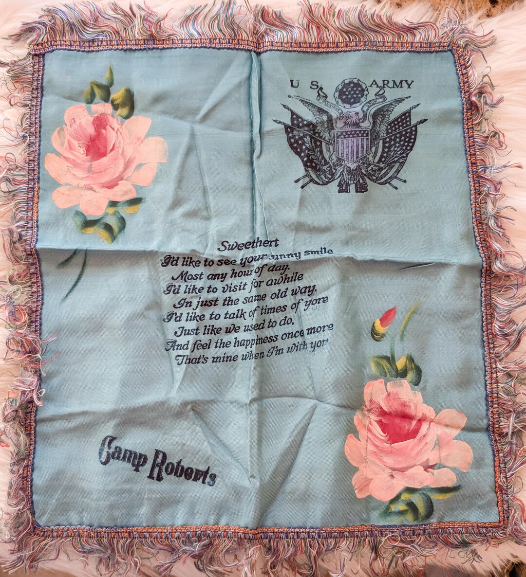 Vintage WWII Blue Satin Hand Painted Roses US Army Sweetheart ...