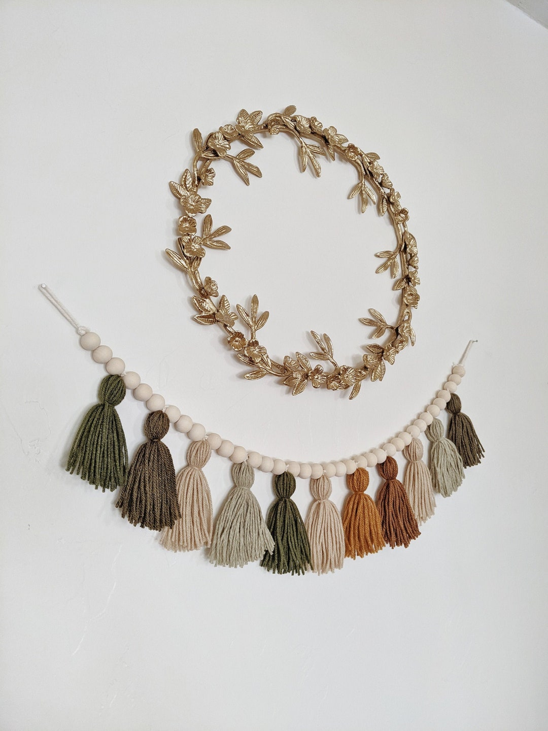 Olive Green and Neutral Yarn Tassel Garland With Wood Beads / Woodland ...