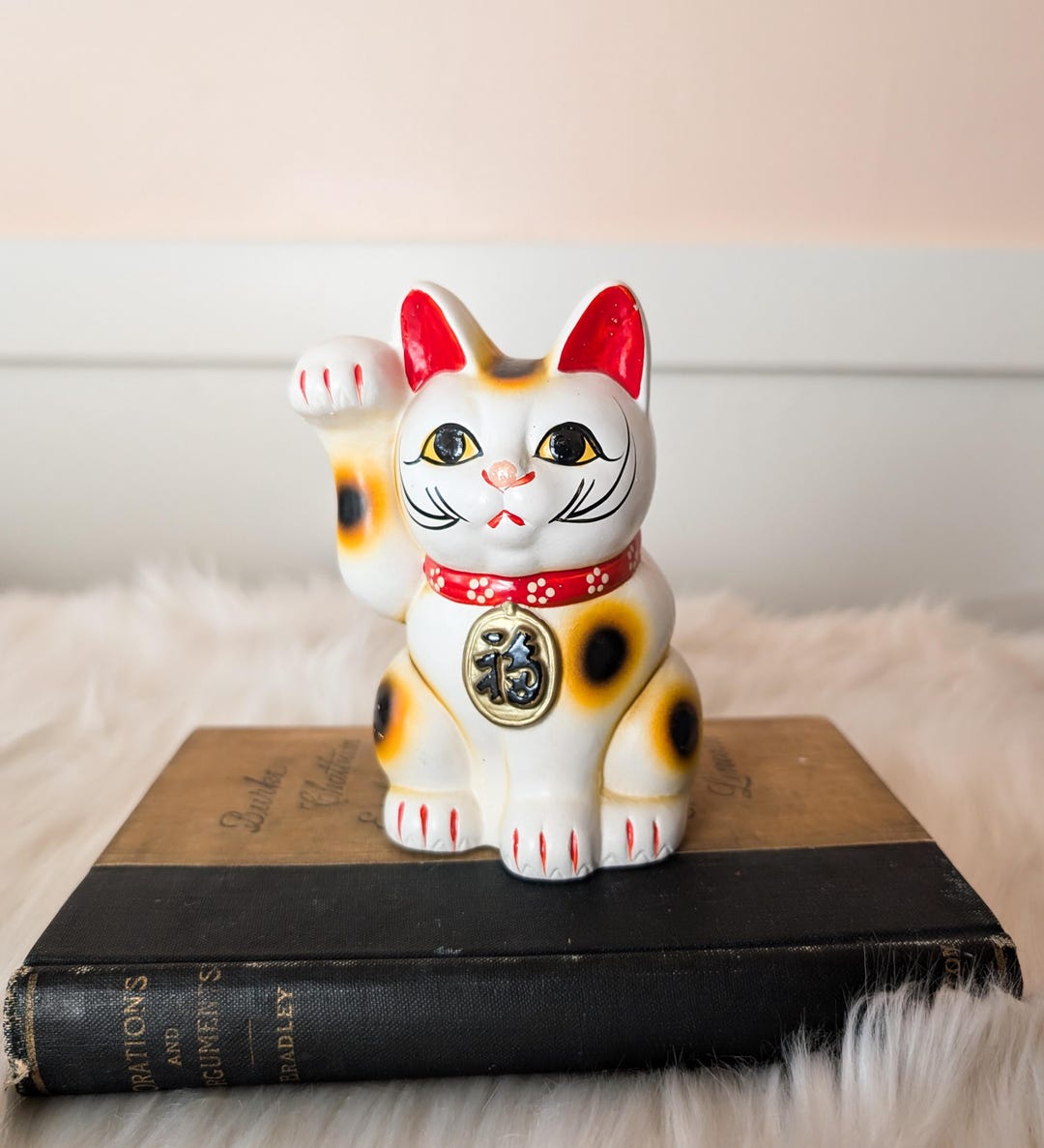 Vintage Japanese Ceramic Lucky Cat - 7.5” Maneki Neko Right Hand Good ...