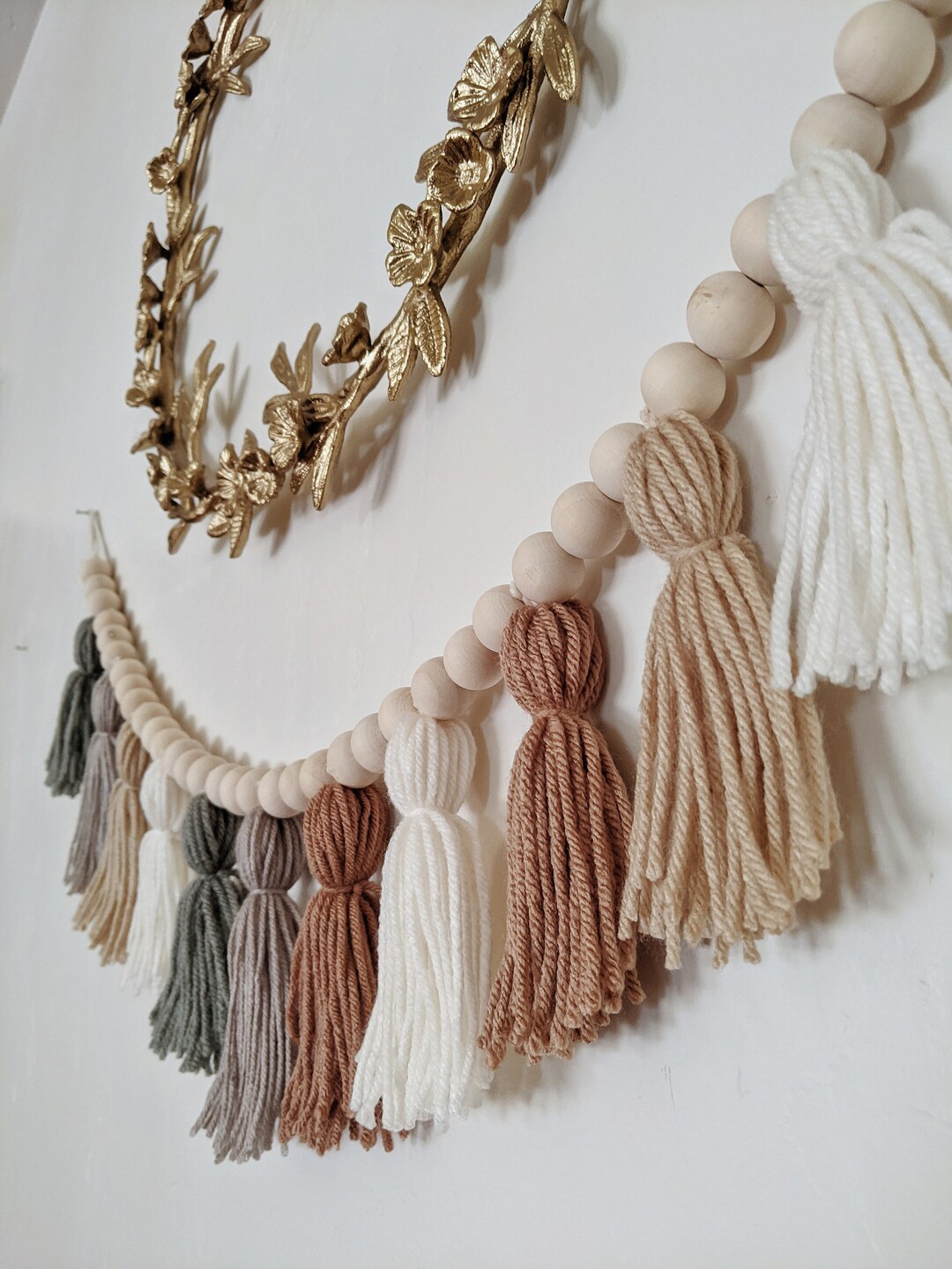 Neutral Earth Tone Yarn Tassel Garland With Wood Beads / Neutral ...