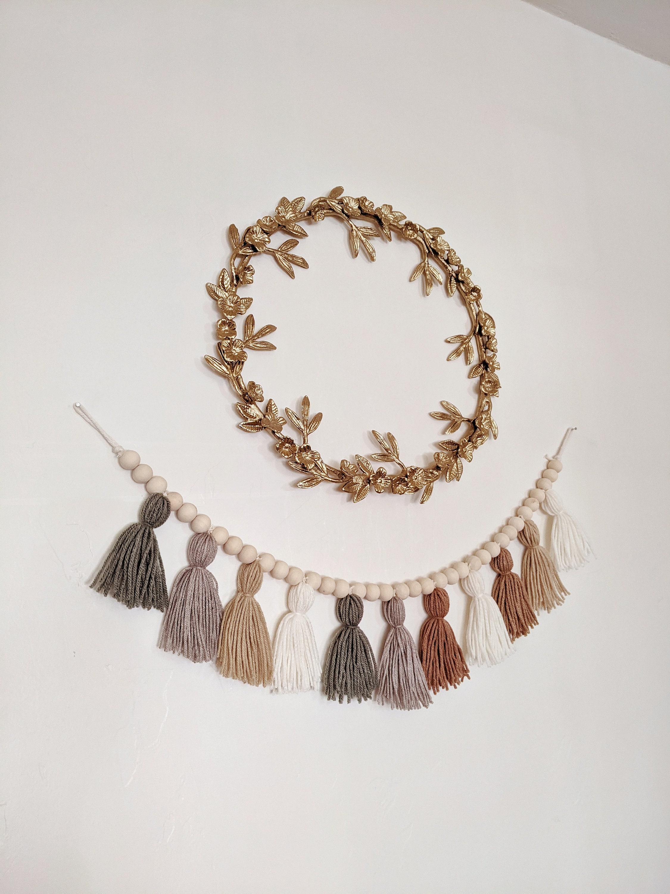 Neutral earth tone yarn tassel garland with wood beads / | Etsy