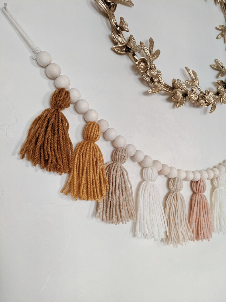 Warm Earth Tone Yarn Tassel Garland With Wood Beads / Sun is - Etsy
