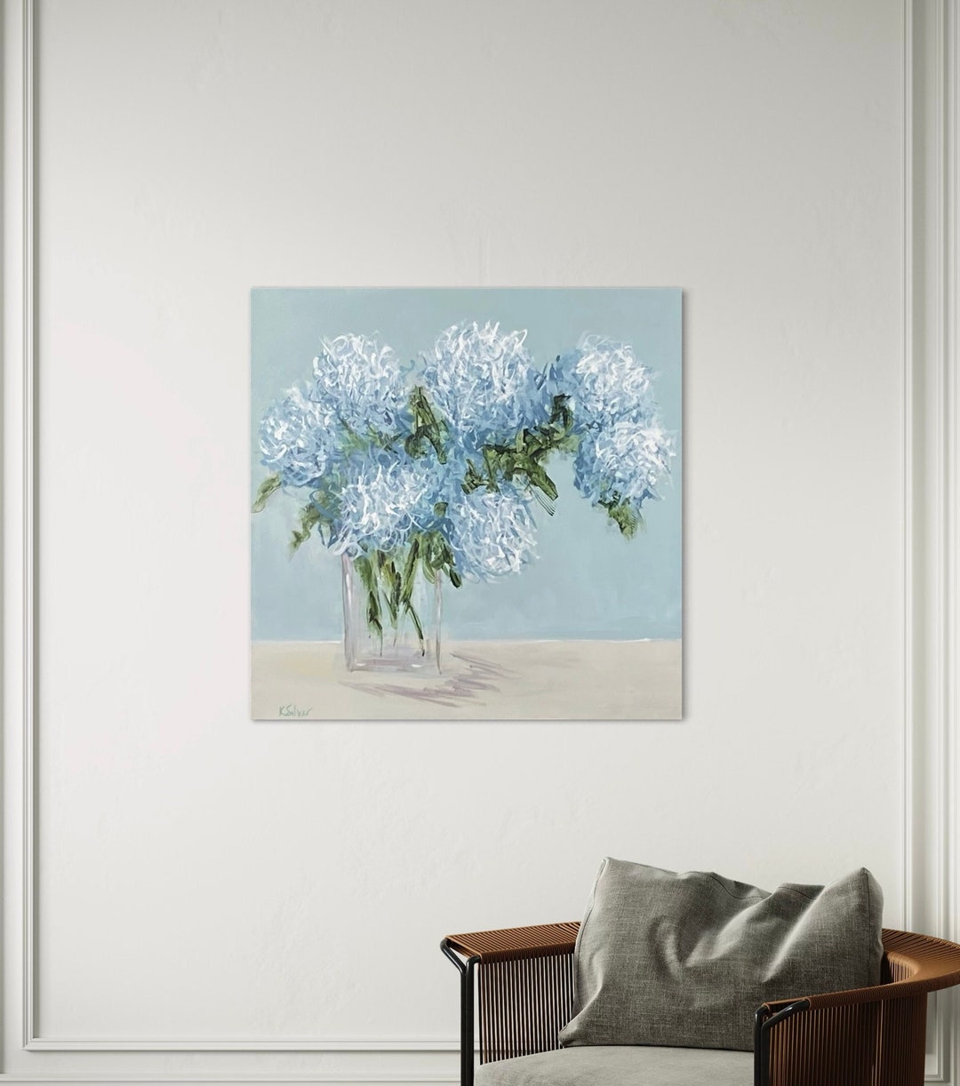 White and Blue Hydrangeas, Impressionist Floral Art, 24 X 24 Original ...