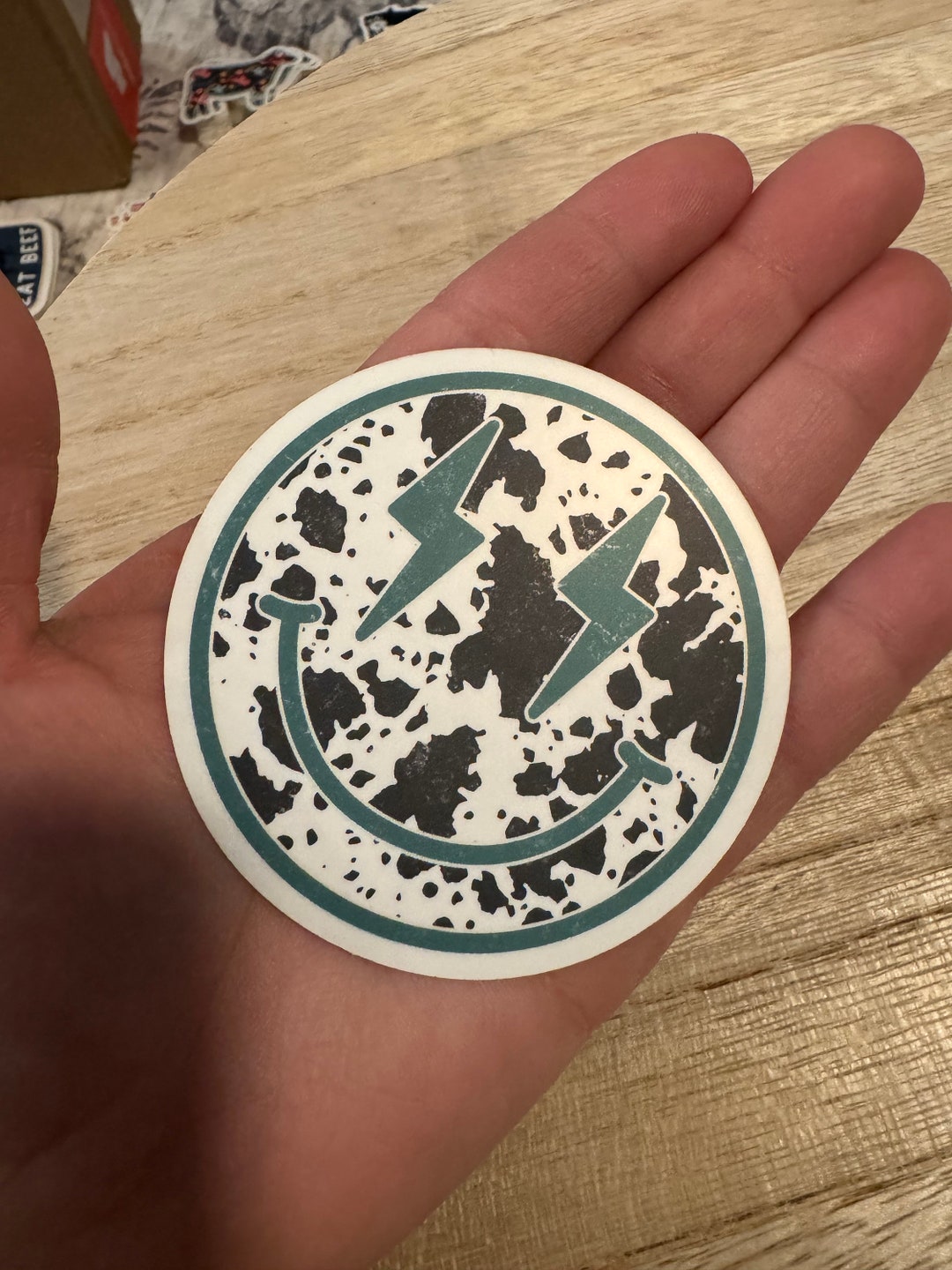 Cow Print Smiley Face Sticker | Lightning Bolt Water Bottle Decal - Etsy