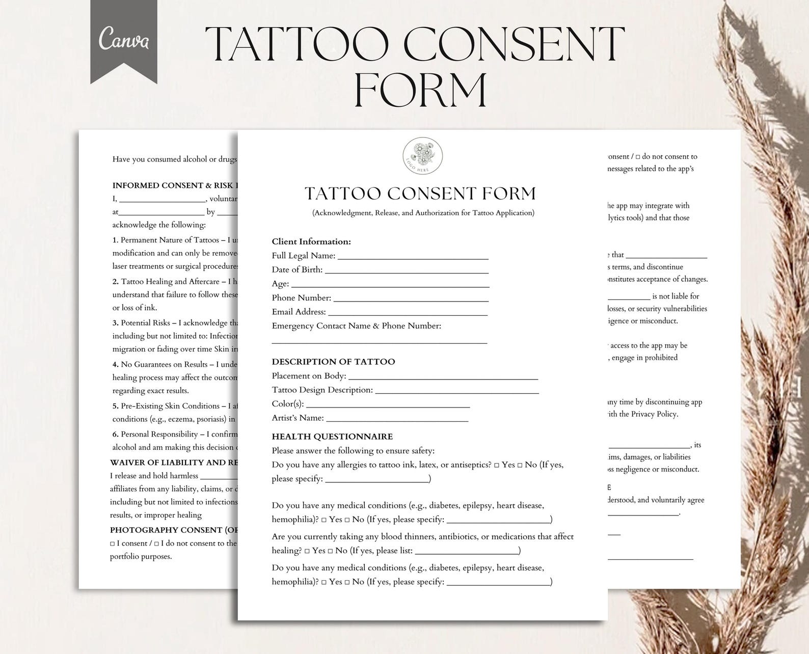 Tattoo Consent Form Template, Tattoo Release and Waiver Form ,PDF ...