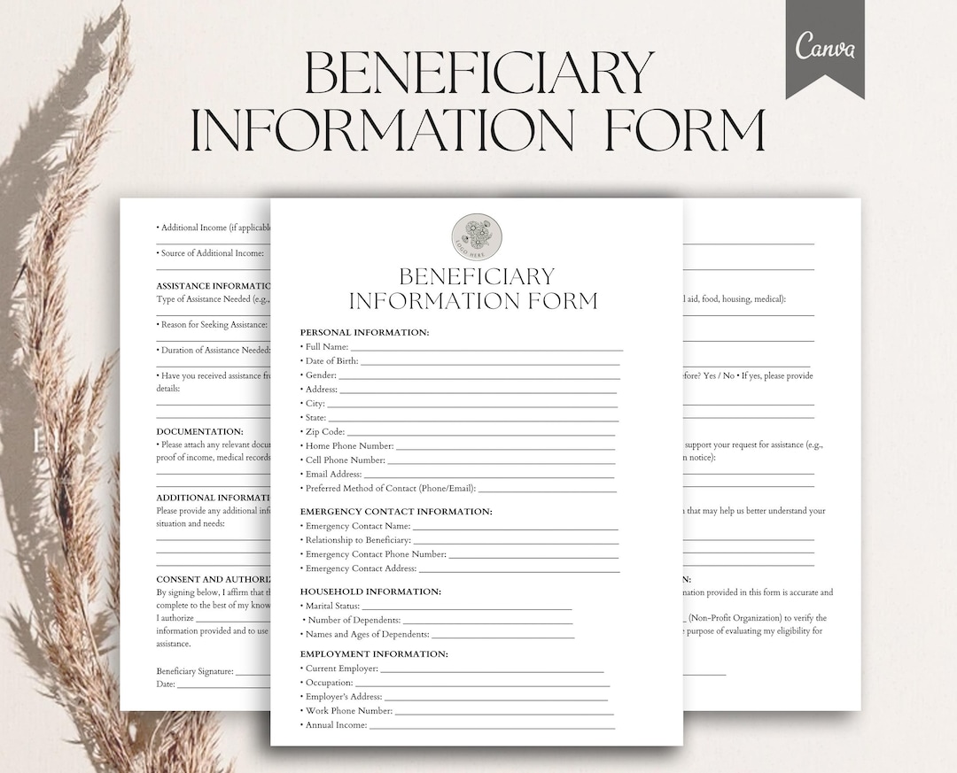 Beneficiary Information Form Template, Pdf, Canva - Etsy
