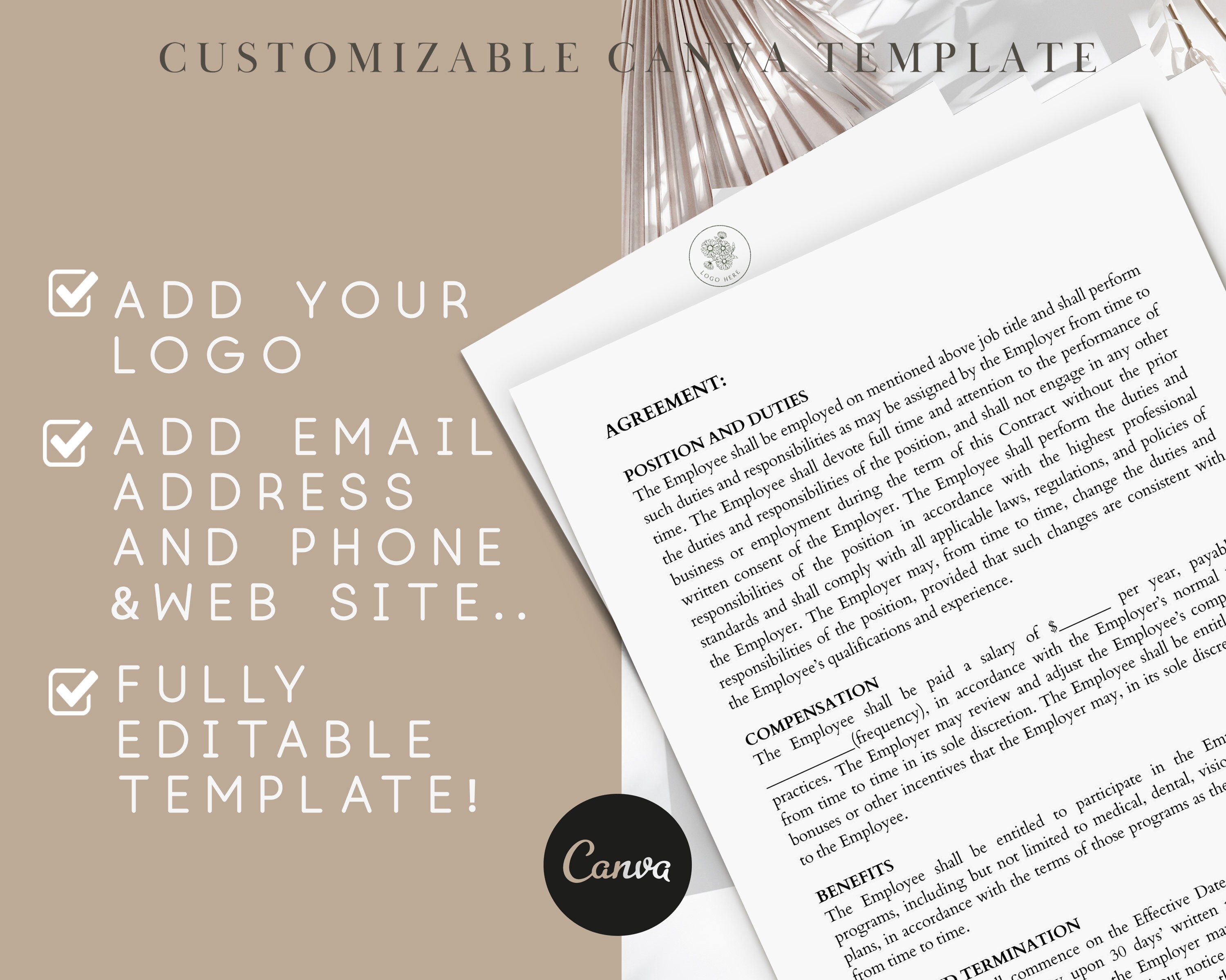 Editable Employee Contract Template, Employment Agreement Form, Small ...