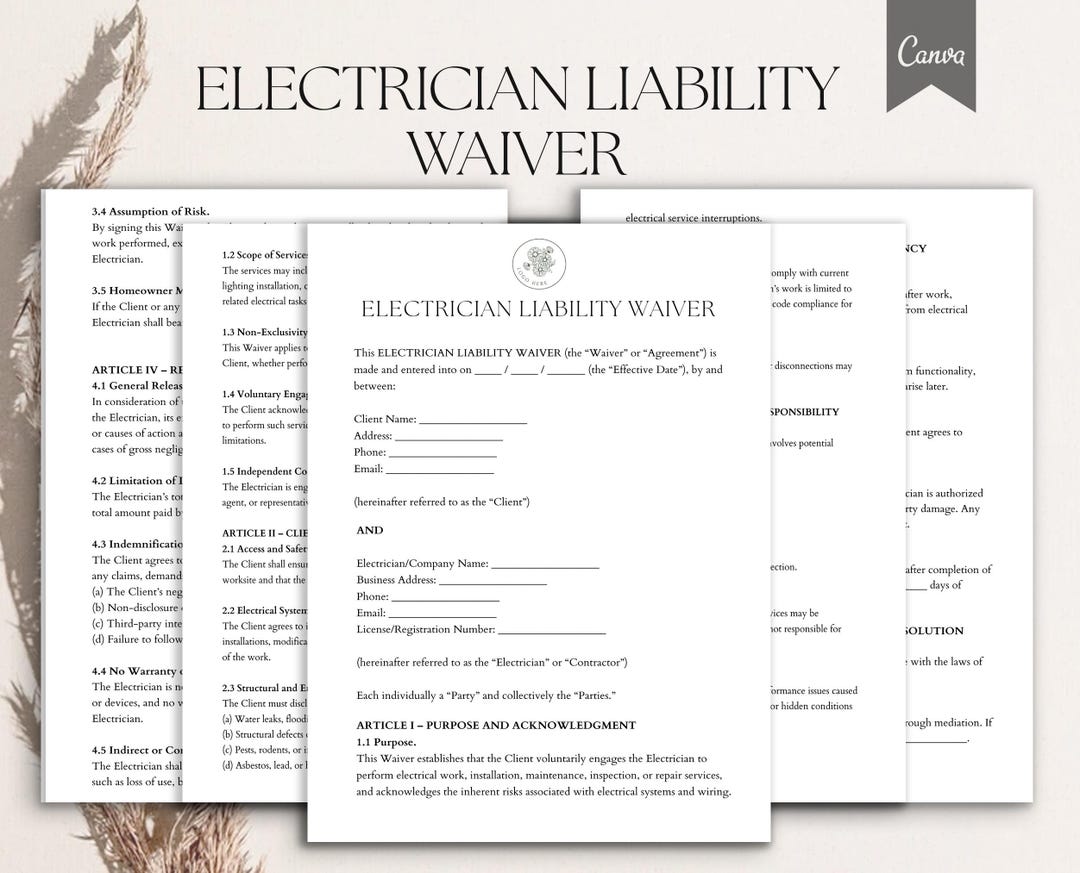 Electrician Liability Waiver Template, Electrical Work Release Form ...