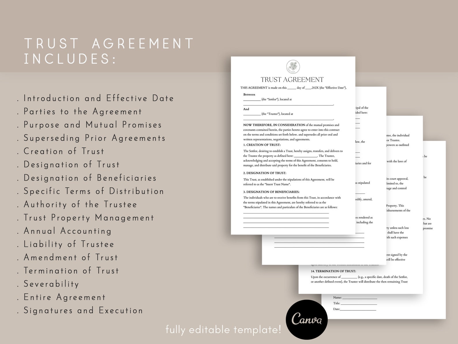 Editable Trust Agreement Template, Trust Contract Forms, Living Trust ...