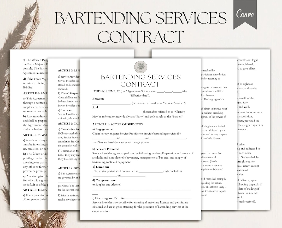 Bartending Services Contract Template, Bartending Agreement, Bartender ...