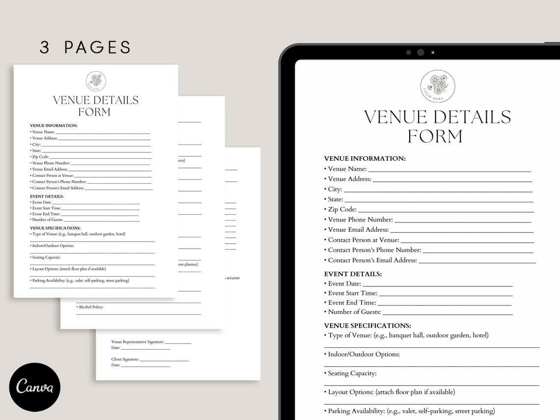 Venue Details Form Template, Venue Information Form, Pdf, Canva - Etsy UK