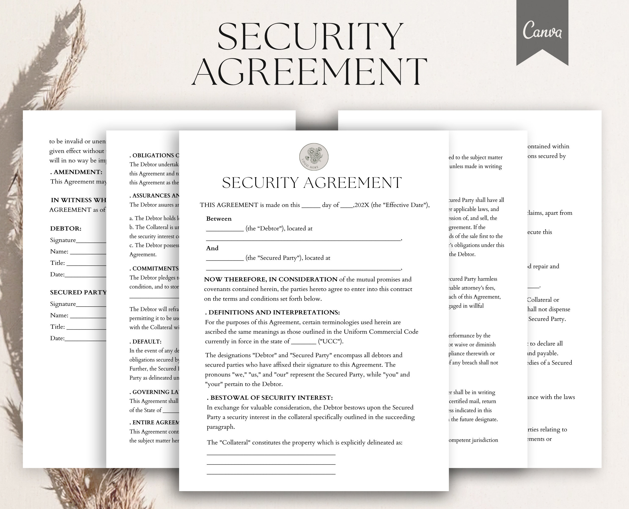Editable Security Agreement, Security Contract, Financial Security Form ...