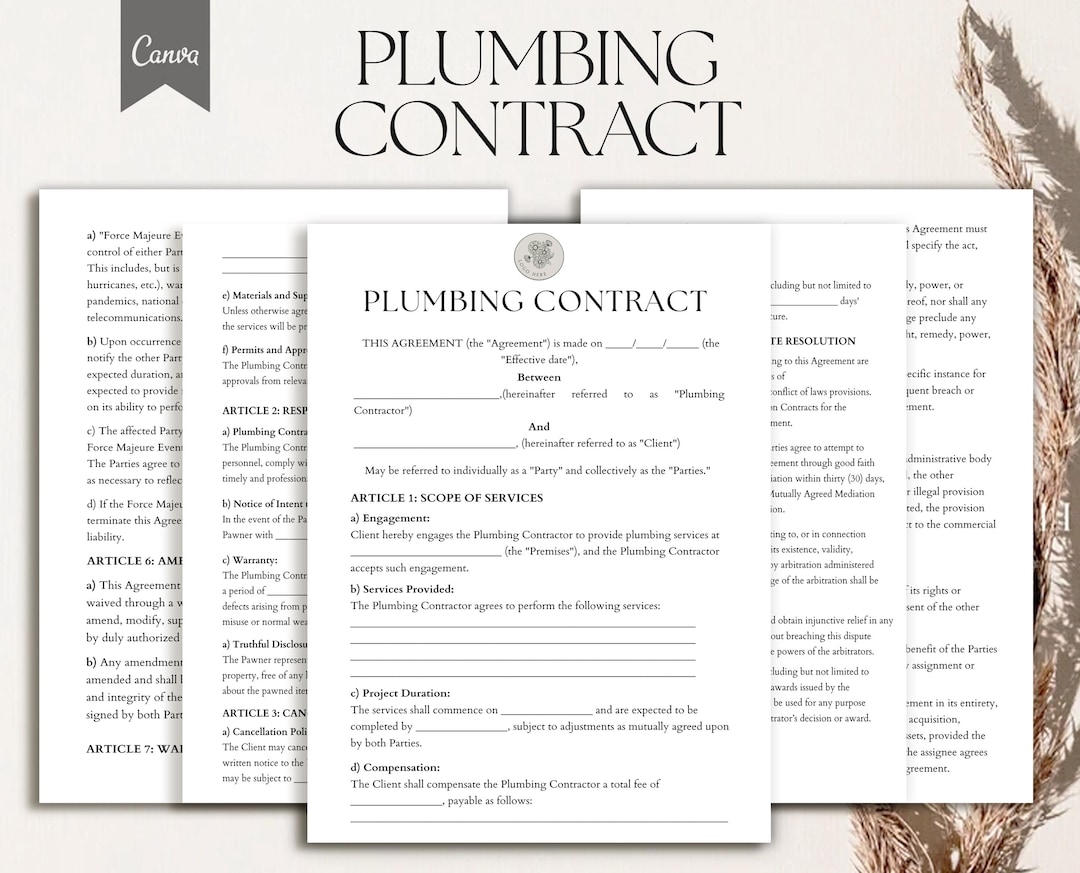 Plumbing Contract Template, Plumbing Services Agreement, Plumbing Job ...