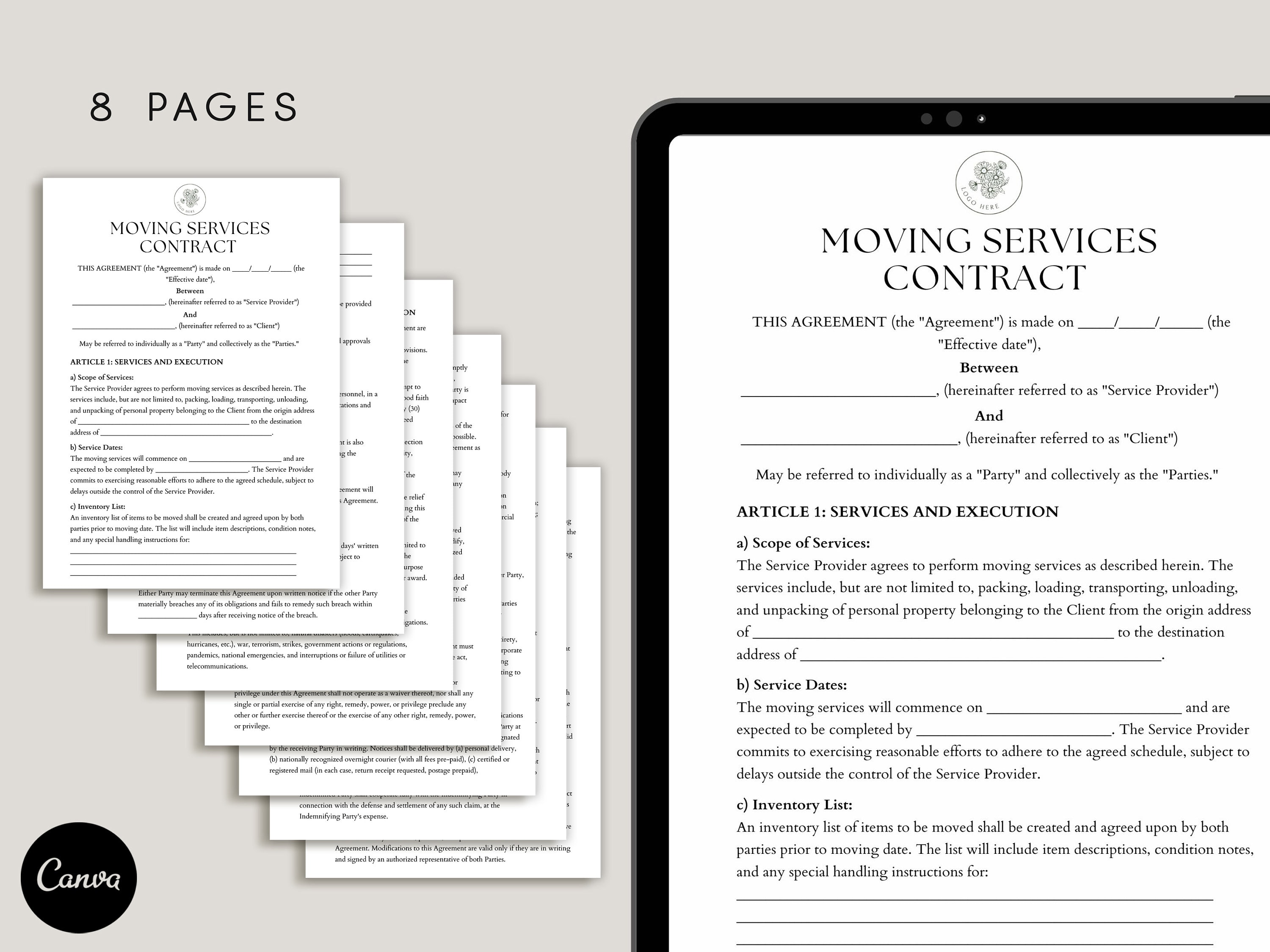 Moving Services Contract Template, Relocation Services Agreement, Pdf ...