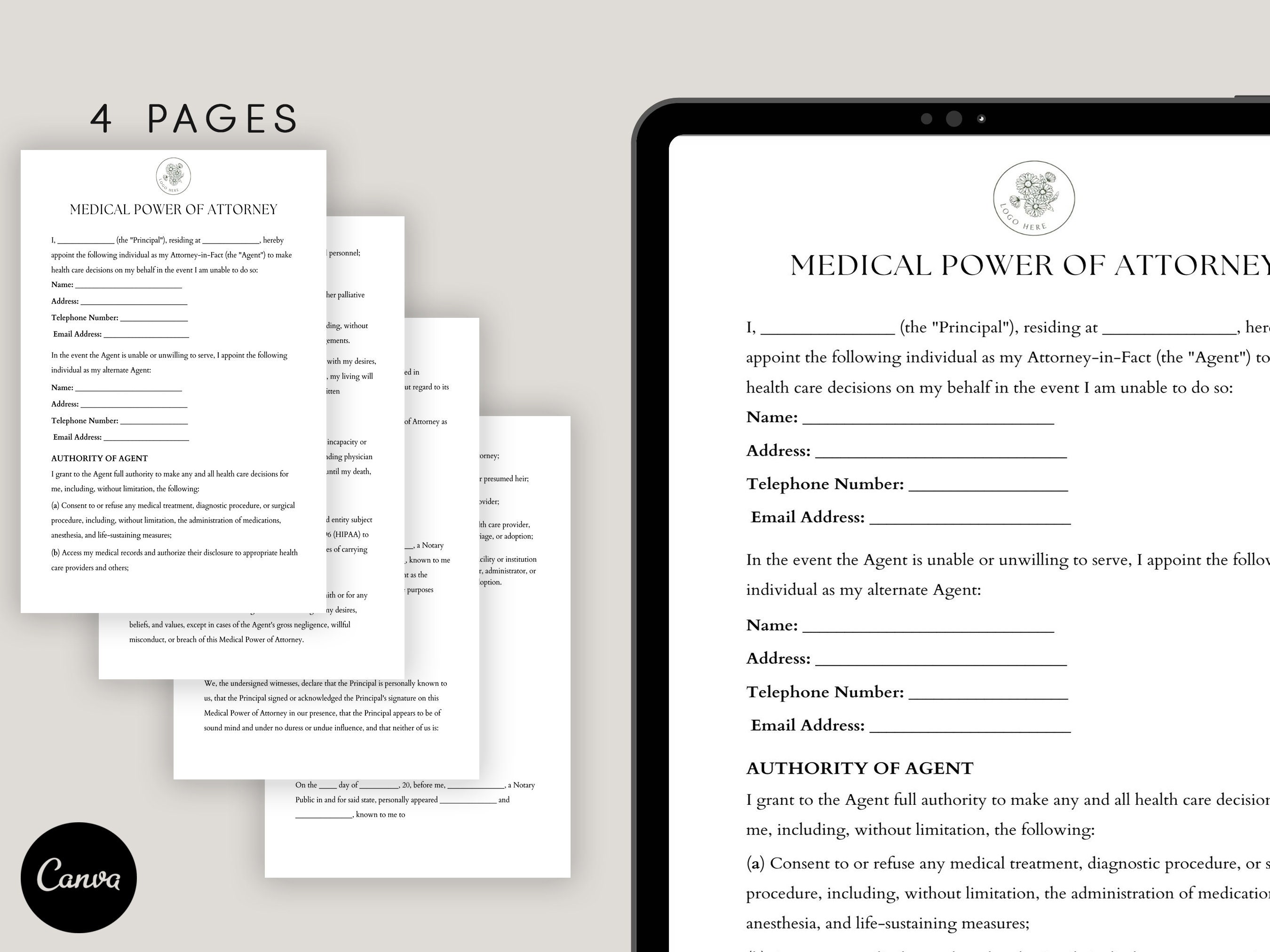 Editable Medical Power of Attorney (MPOA) Form, Health Care Surrogate ...
