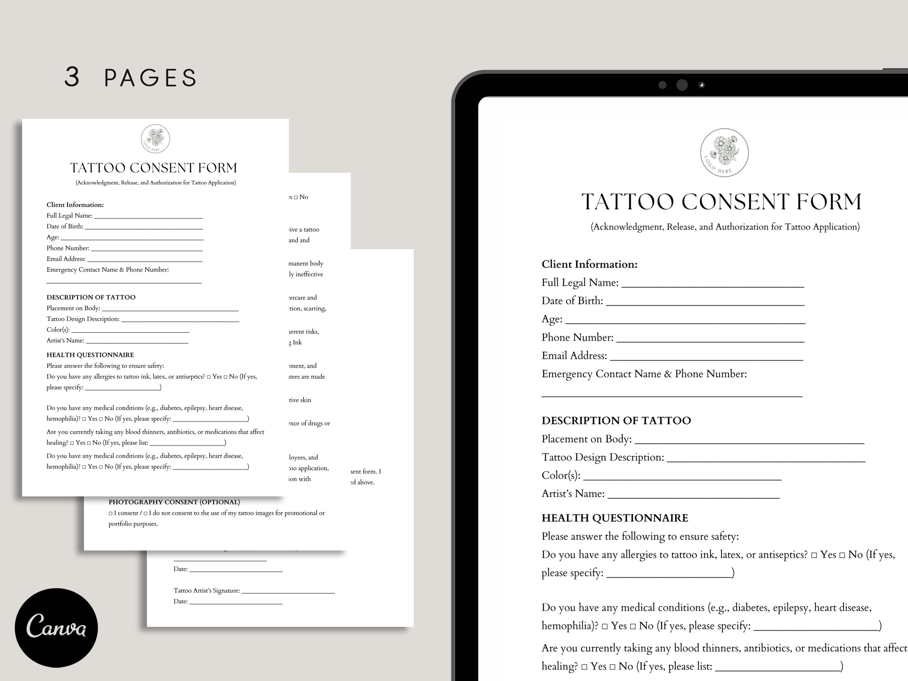 Tattoo Consent Form Template, Tattoo Release and Waiver Form ,PDF ...