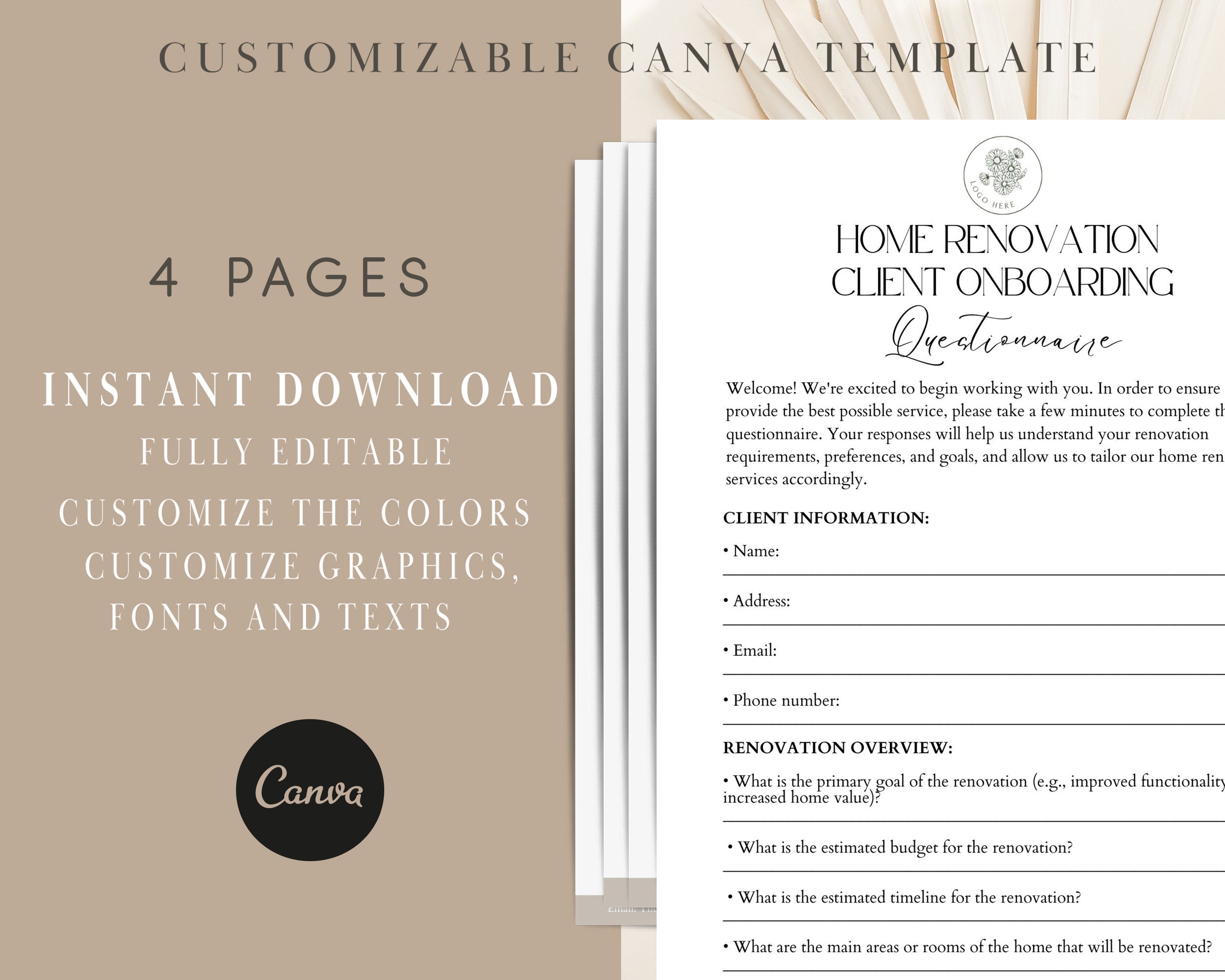Editable Home Renovation Client Onboarding Questionnaire Form, Home ...