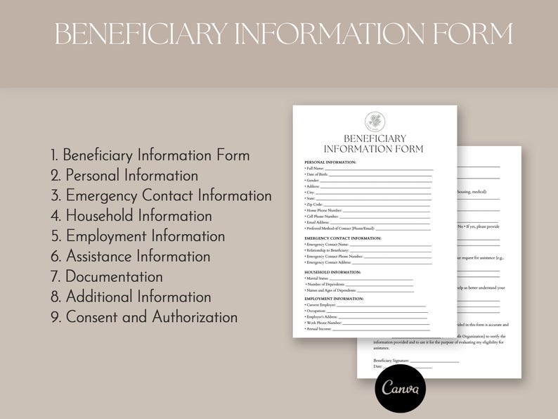 Beneficiary Information Form Template, Pdf, Canva - Etsy